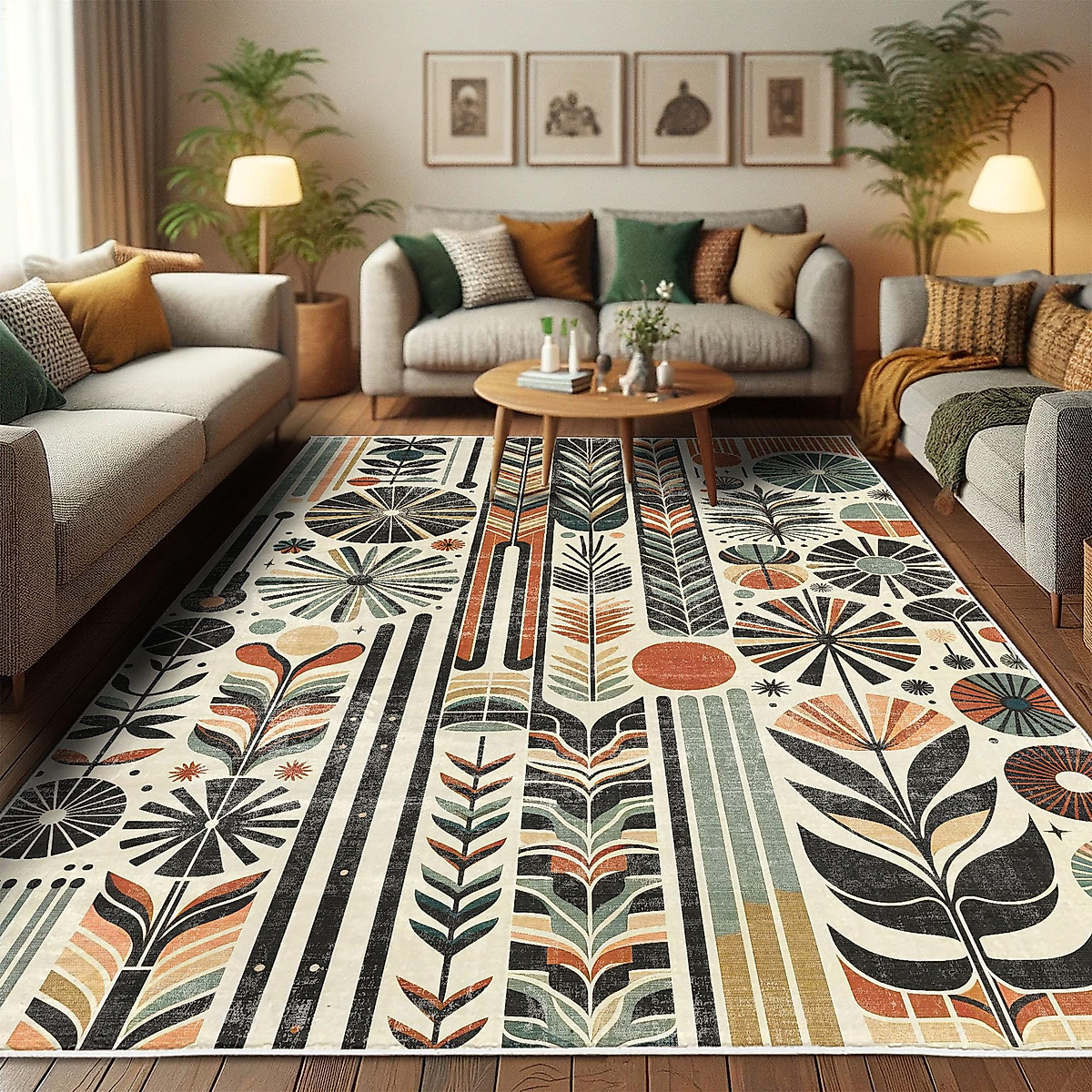 Ambesonne Bohemian Decorative Rug, Retro Mid Century Inspired Abstract Patterns on Ivory Background, Quality Carpet for Bedroom Dorm and Living Room, 4' X 5' 5", Dark Orange and Reseda Green