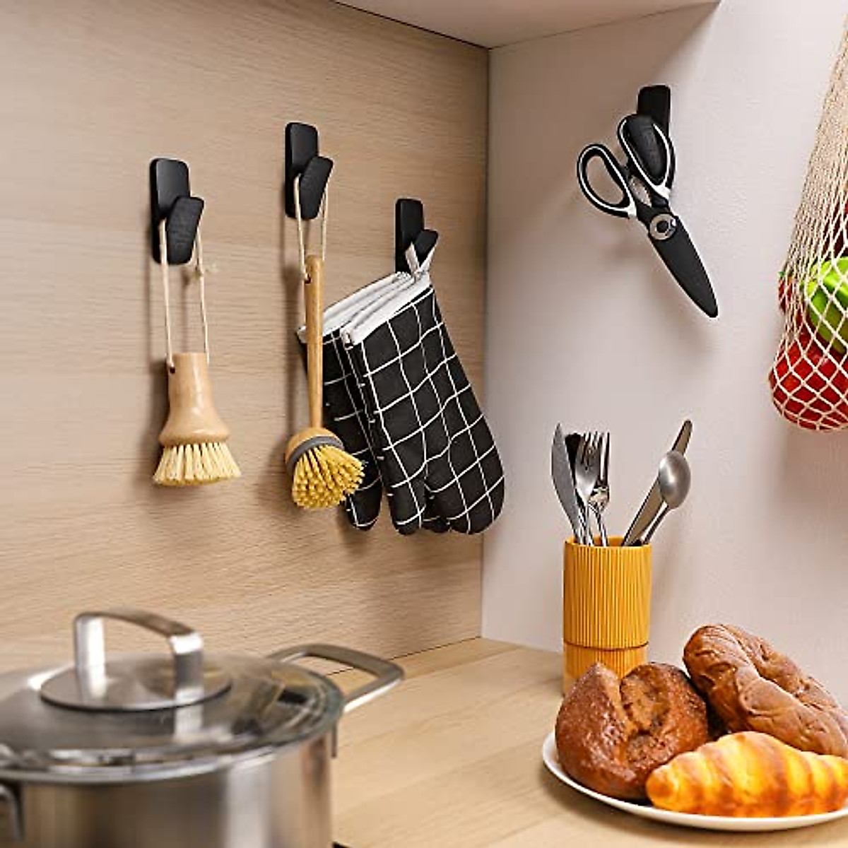 ALOCEO Sticky Hooks for Hanging 5 Pack, Plastic Adhesive Hooks Towel Hooks for Bathrooms Kitchen Dorm Room Wall, Black