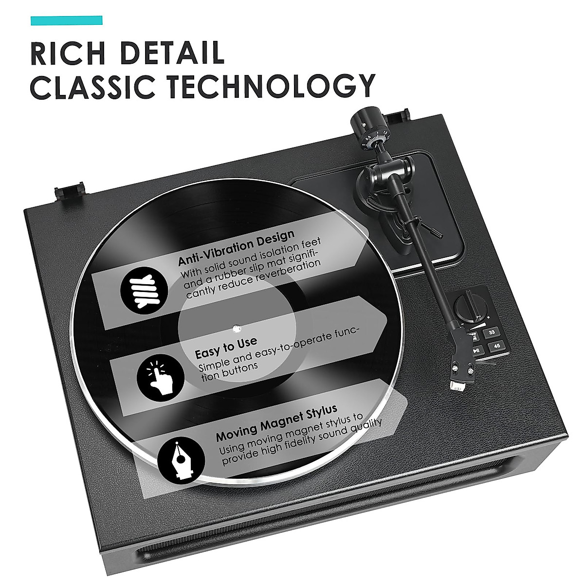 All-in-One Record Player High Fidelity Belt Drive Turntable for Vinyl Records Built-in 2 Tweeter and 2 Bass Stereo Speakers, Vinyl Player with MM Cartridge, Bluetooth, Aux-in, RCA, Auto Stop Black