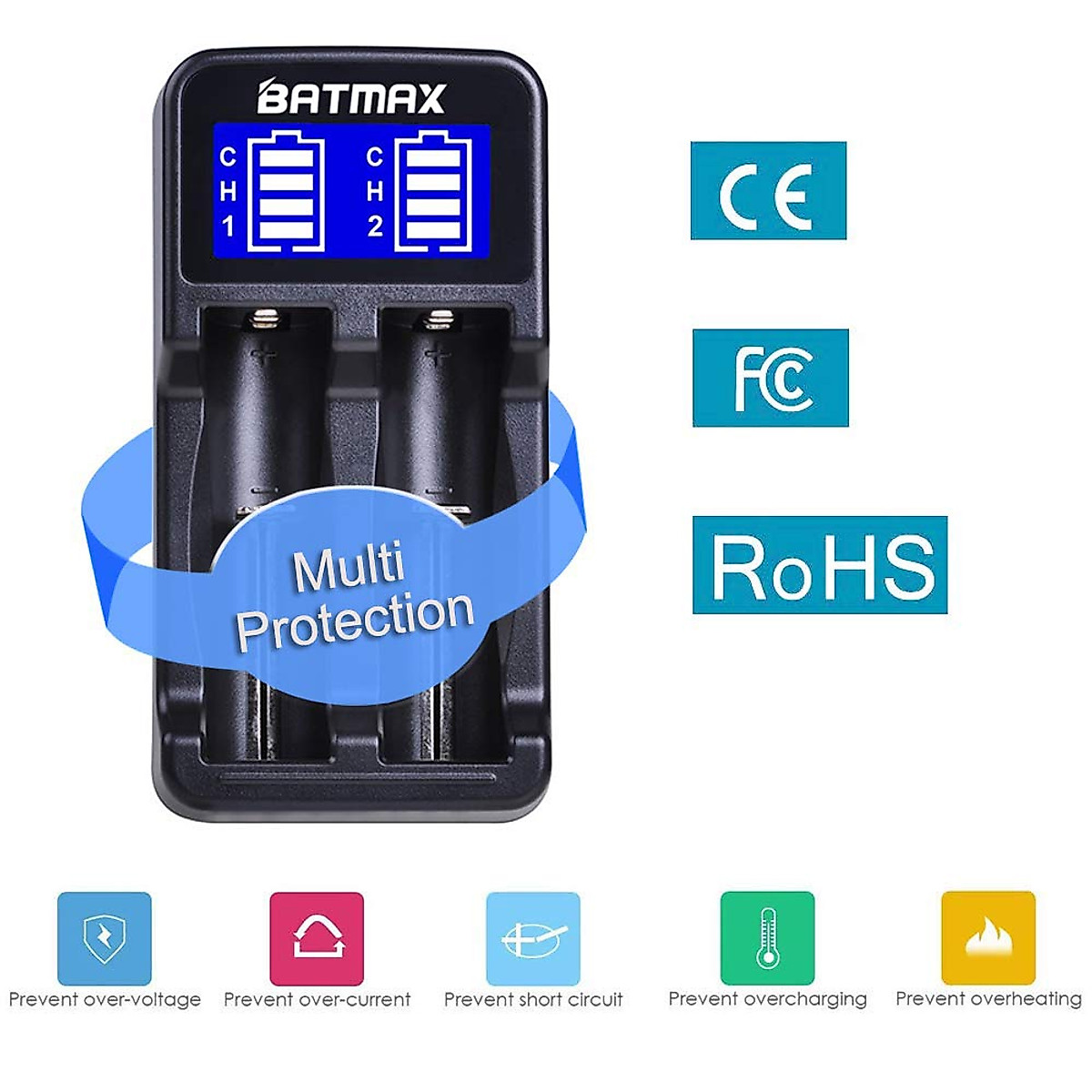 Batmax LCD Universal Intelligent USB Dual Battery Charger for Li-ion/Ni-MH/Ni-Cd 18490 18350 17670 17500 16340(RCR123) 14500 A AA AAA AAAA Rechargeable Batteries