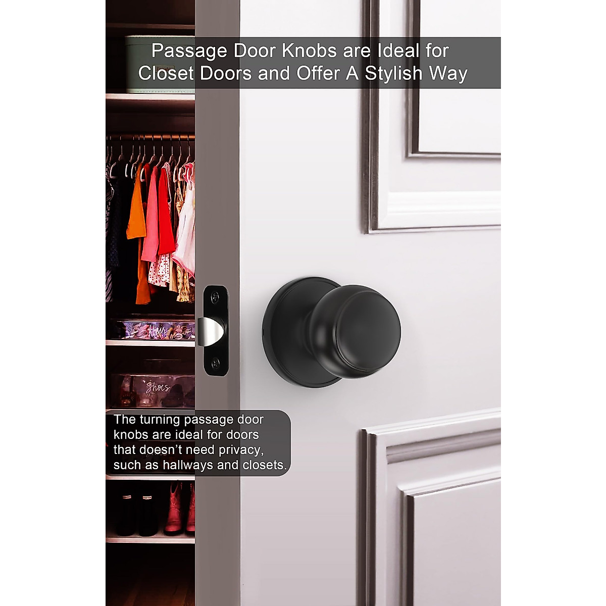 goldenwarm Black Passage Door Knobs, Matte Black Closet Door Knobs Interior, Black Passage Door Knobs Set for Hallway, Closet (5 Pack, Matte Black)