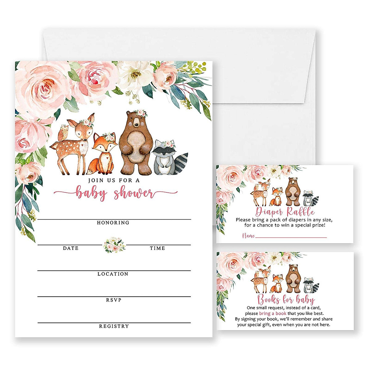 Yuzioey Girl Woodland Baby Shower Invitations, 25 Woodland Floral Invitations Macthing Envelpoes, Diaper Raffle Tickets, Book Request Cards, Forest Creatures Invitations