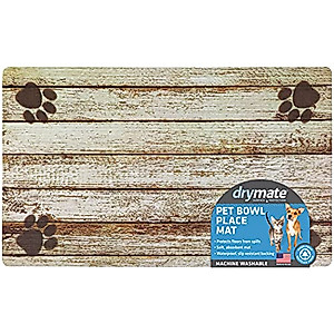 Drymate Pet Bowl Placemat, Dog & Cat Food Feeding Mat - Absorbent Fabric, Waterproof Backing, Slip-Resistant - Machine Washable/Durable (USA Made) (12” x 20”) (Distressed Wood Tan)
