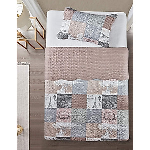 Brilliant Sunshine Latte Grey Paris and Toile Floral Patchwork, 2-Piece Quilt Set with 1 Sham, Reversible Bedspread, Soft Lightweight Coverlet, All-Season, Twin, Latte Grey