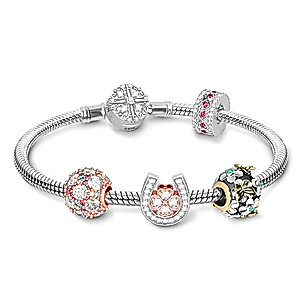 GNOCE Charm Bracelet for Women 925 Sterling Silver Snake Chain Bracelet with Flower Clusters Colorful Charm Bead Basic Charm Bangle with Clasp (8.3)