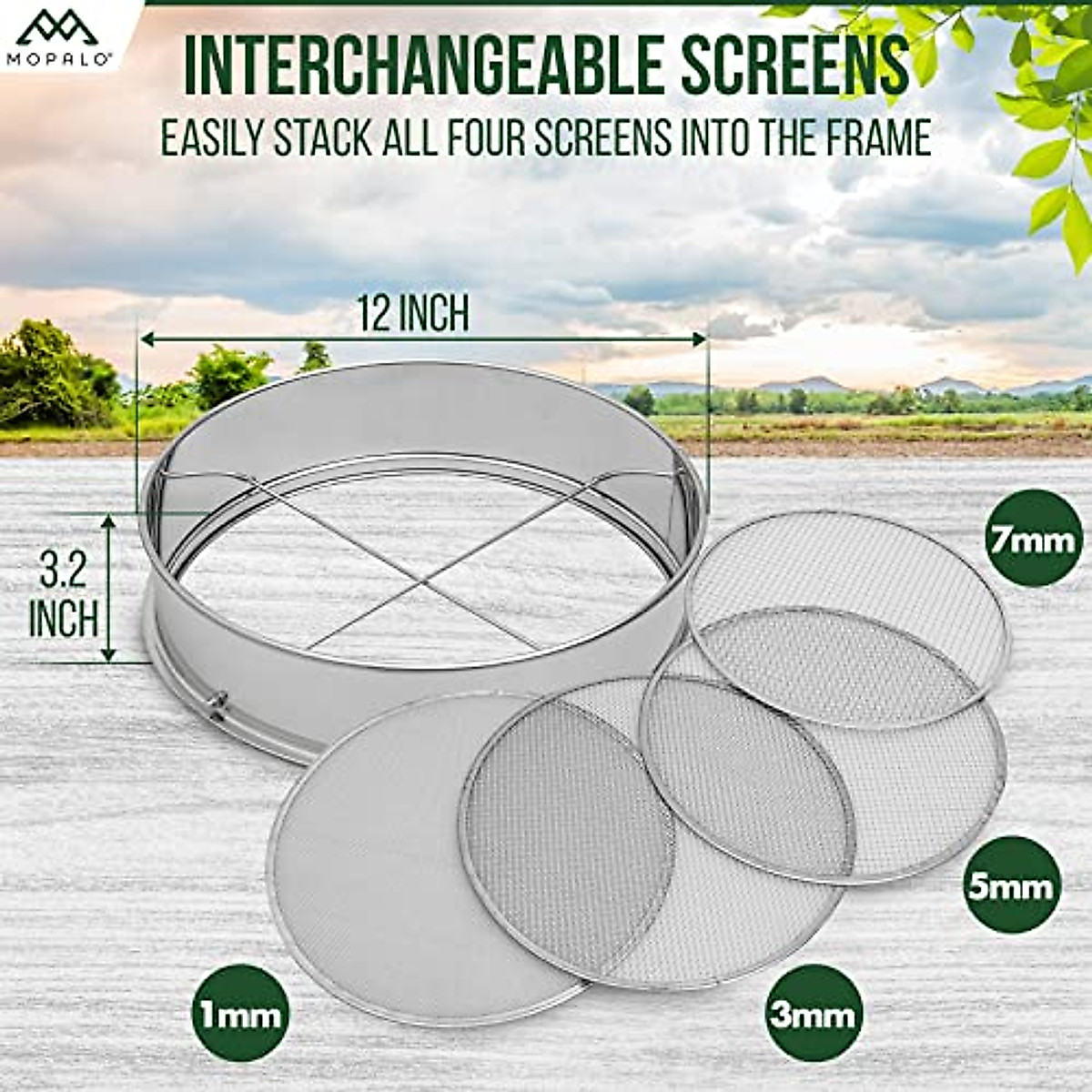 Mopalo 12" Soil Sieve Set with 4 Interchangeable Mesh Screens 1mm, 3mm, 5mm, and 7mm - Garden Sifter for Rocks, Seeds, Dirt, Compost and Potting Soil