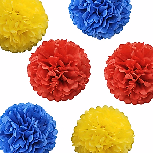 InBy Carnival 28PCS Red Blue Yellow Party Decorations Kit - 12" 10" Tissue Flower Paper Pom Poms 8" Paper Fan Tassel Garland for Birthday Bridal Baby Shower Wedding Bachelorette Decoration Supply