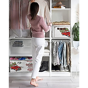 Christmas Cube Storage Organizer Bins with Handles,1PC 15x11x9.5 Inch Collapsible Canvas Cloth Fabric Storage Basket,Xmas Red Truck Winter Snowy Tree Poinsettia Flower Kids' Toys Bin Boxes for Shelves