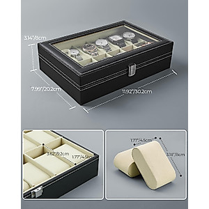 Ohuhu Watch Case, 12 Slot PU Leather Real Glass Lid, Watch Box Watch Holder Organizer Display Storage Box Soft Velvet Jewelry Box for Men and Women Birthday