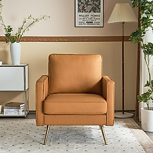 VINGLI Modern PU Leather Accent Chair for Living Room,Bedroom Comfy Chair Arm Chair Reading Chair with Golden Metal Legs and Deep Seat for Office,Apartment,Small Space,Cognac