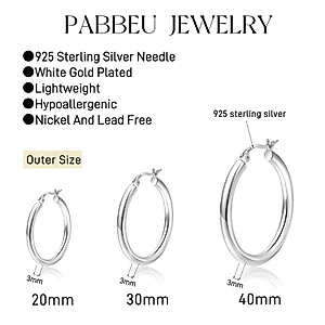3 Pair Sterling Silver S925 Silver Lightweight Small Hoop Earrings Set Hypoallergenic Hoop Earrings for Women 20/30/40mm PABBEU