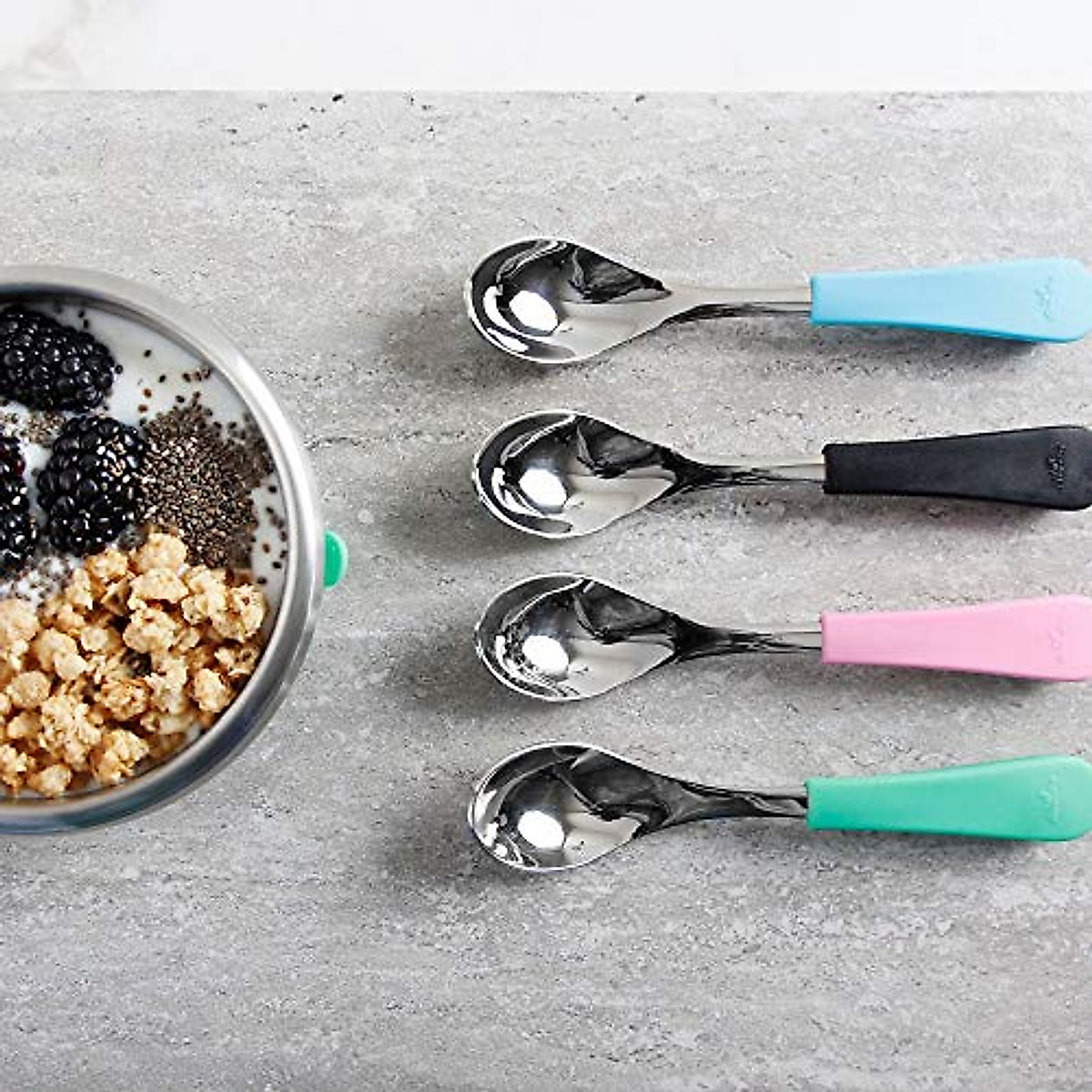 Avanchy® Baby Spoons Stainless Steel and Silicone Set, Self Feeding Food Utensils, 4 Months Baby Led Weaning, 2 Pack, Gray Spoons