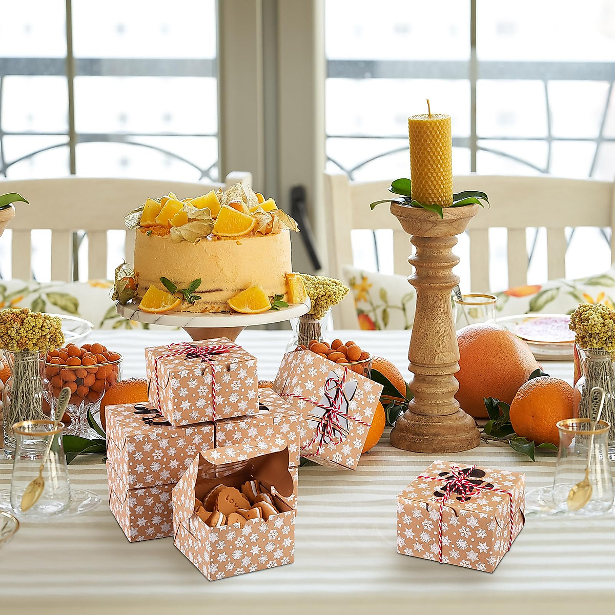 Tenare 30 Pieces Christmas Cookie Boxes with Clear Window Cupcake Boxes Bakery Boxes Pastry Packaging Boxes Brown Kraft Present Box with Rope for Food Present Giving, 4 x 4 x 2.5 Inches (Delicate)