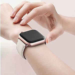 OMIU Square Bands Compatible with Apple Watch Band 38mm 40mm 41mm 42mm 44mm 45mm 49mm, Genuine Leather Wristband Starp for iWatch SE Series 8 7 6 5 4 3 2 1 Utral for Women Men(Ivory White/Rose Gold)