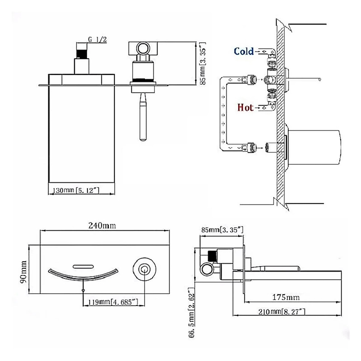 Wall Mounted Bathroom Sink Faucet LED Waterfall Bath Mixer Tap Temperature Control LED Faucet Chrome Black Finished Mixer Tap Faucet