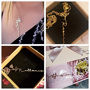 ALBERTBAND Birth Flower Name Necklace Custom Any Name Necklace for Women Birth Month Flower Necklace for Her Birth Flower Jewelry for Girlfriend Women Wife (Silver)