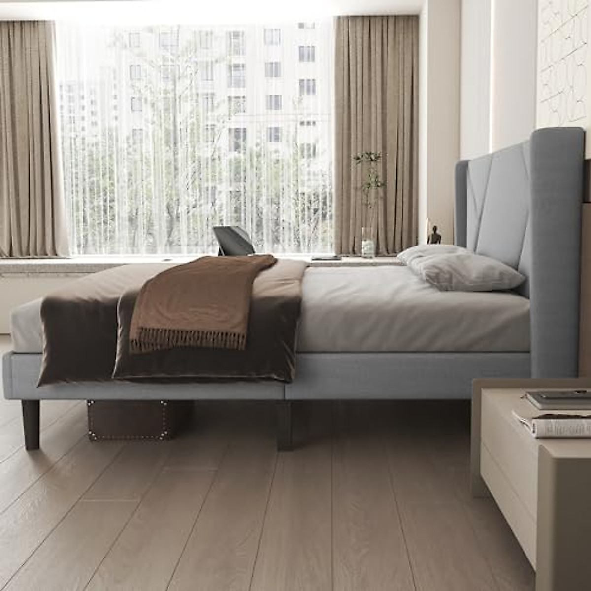 QIAYA Bed Frame Queen Size Upholstered Platform with Fabric Wingback Headboard/12 Solid Wooden Slats, Non-Slip and Noise-Free, No Box Spring Needed, Light Gray