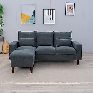 Panana 3-Seat Sofa Couch with Reversible Back Cushions Modern Fabric Sofa 3 Seater Couch for Small Apartment (Grey, 3 Seater with Ottoman Stool)