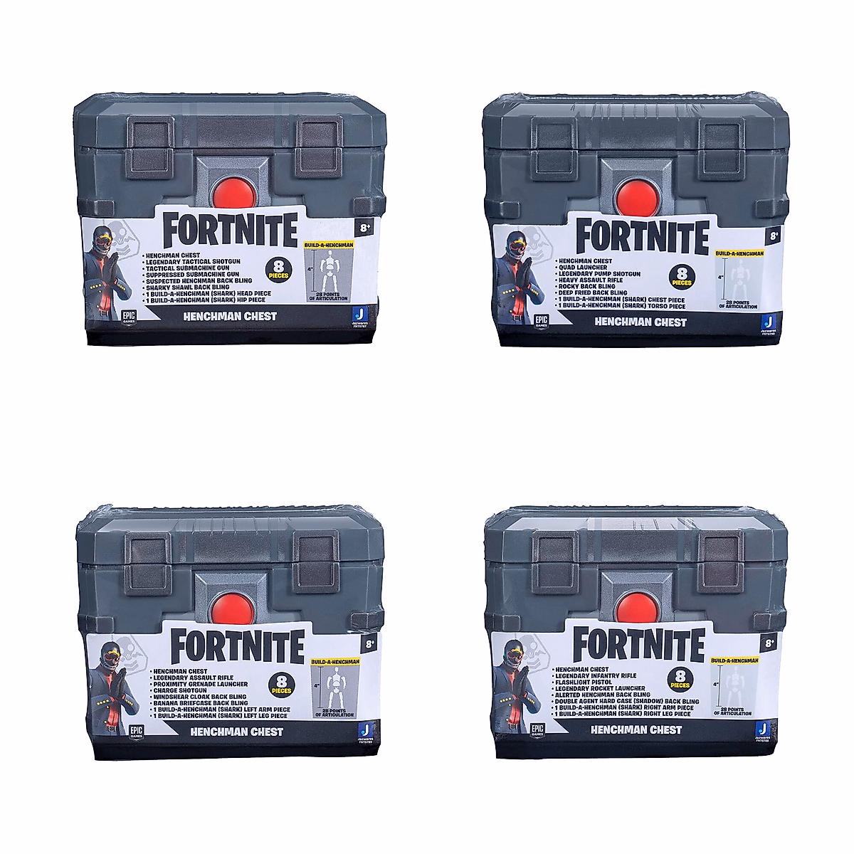 FORTNITE Henchman Chest Shark Collectible Accessory Set Bundle- Includes 4 Shark Style Henchman Chests, 8 Back Bling, 12 Weapons, 8 Shark Henchman Build-A-Figure Pieces. More Styles Dropping Soon
