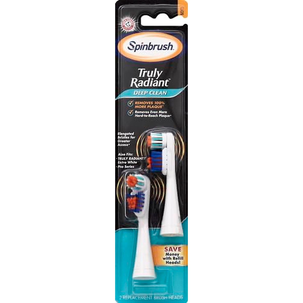 Spinbrush ARM & HAMMER PRO+ Deep Clean REFILLs– Battery Powered Toothbrush Removes 100% More Plaque- Soft Bristles -Two Replacement Heads (Packing may vary)