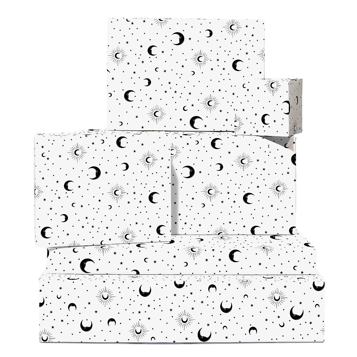 CENTRAL 23 - White Wrapping Paper - 6 Sheets of Monochrome Gift Wrap - Moons and Stars - Birthday Wrap for Her - Birthday Wrapping Paper for Men and Women - Recyclable