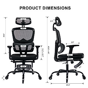 DOXACEF Ergonomic Office Chair with Footrest Lumbar Support High Back Desk Chair Mesh Computer Chair with Adjustable 3D Armrest Breathable for Adults Reclining Chair (Black)