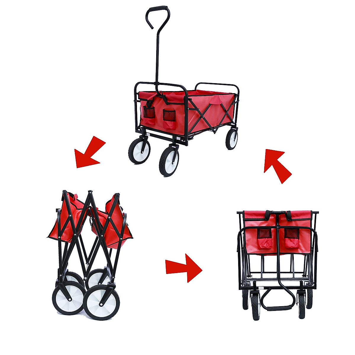 Folding Wagon, Garden Cart Heavy Duty Collapsible Folding All Terrain Utility Beach Garden Shopping, Utility Cart Collapsible (Red)