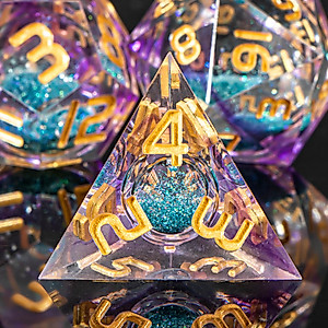 KERWELLSI Liquid Core D&D Dice Set, 7 Piece Sharp Edge Resin DND Dice Set, Polyhedral Dungeons and Dragons Dice with Gift Box, Purple RPG Role Playing D and D Dice D20 D12 D10 D8 D6 D4