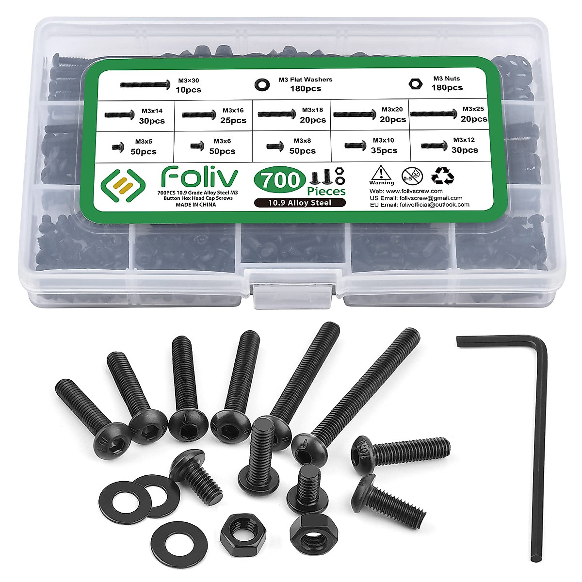 FOLIV 700PCS M3 x 5/6/8/10/12/14/16/18/20/25/30mm Button Hex Head Cap Screws M3 Metric Machine Screws Bolts Nuts Washer Assortment Kit, 10.9 Grade Alloy Steel