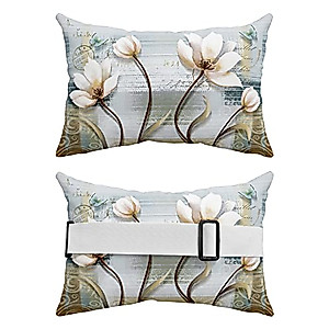 Recliner Head Pillow Ledge Loungers Chair Pillows with Insert White Tulip Flower Butterfly Vintage Postcard Lumbar Pillow with Adjustable Strap Outdoor Waterproof Patio Pillows for Beach Pool, 2 PCS