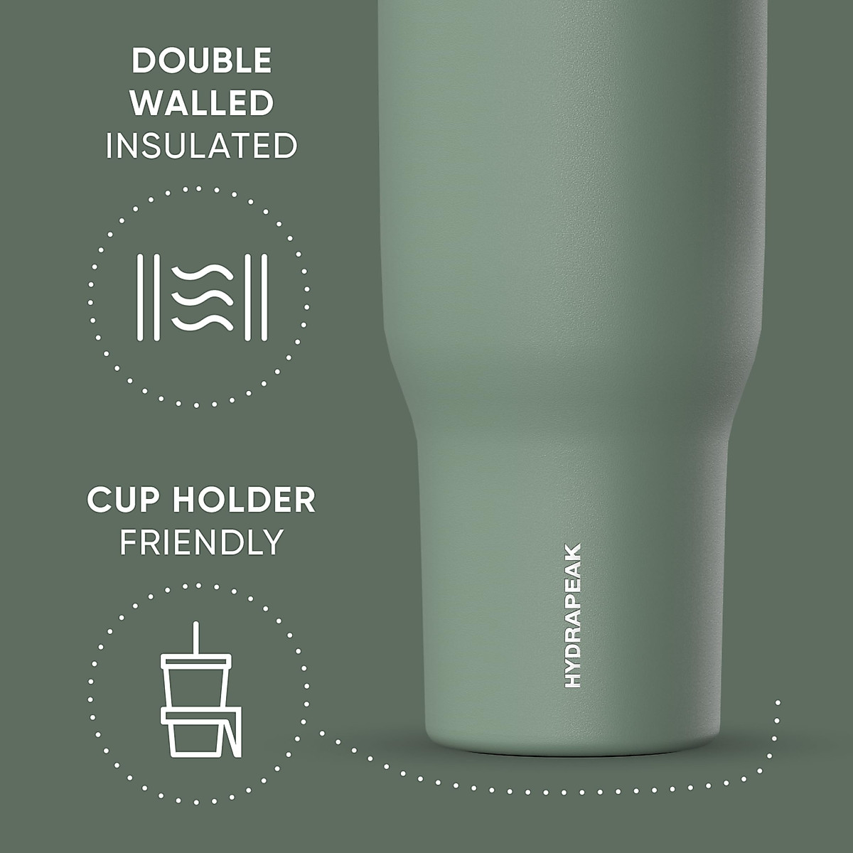 Hydrapeak Voyager 40 Oz Stainless Steel Tumbler with Handle, Insulated Water Bottle With Straw & Lid, Cupholder Friendly Reusable Travel Mug (Sage Leaf)