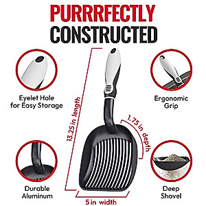 iPrimio Cat Litter Scoop Metal with Deep Shovel - (Black) - Non Stick Plated Aluminum Cat Litter Scooper for Litter Box - Designed by Cat Owners - Patented Sifter with Holder - Super Solid Handle