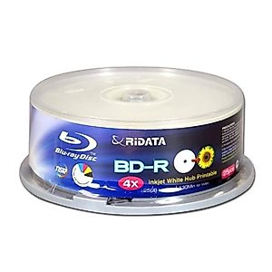 Ridata BDR-254-RDIWN-CB25 4X 25 GB Inkjet White Hub-Printable, 25-Piece Cake Box of Discs