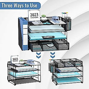 4 Trays Letter Tray Paper Organizer, Mesh Desk File Organizer with File Holder, Paper Sorter with 1 Extra Drawer & 2 Pen Holders, Desk Organizers and Accessories for Office Supplies, Black