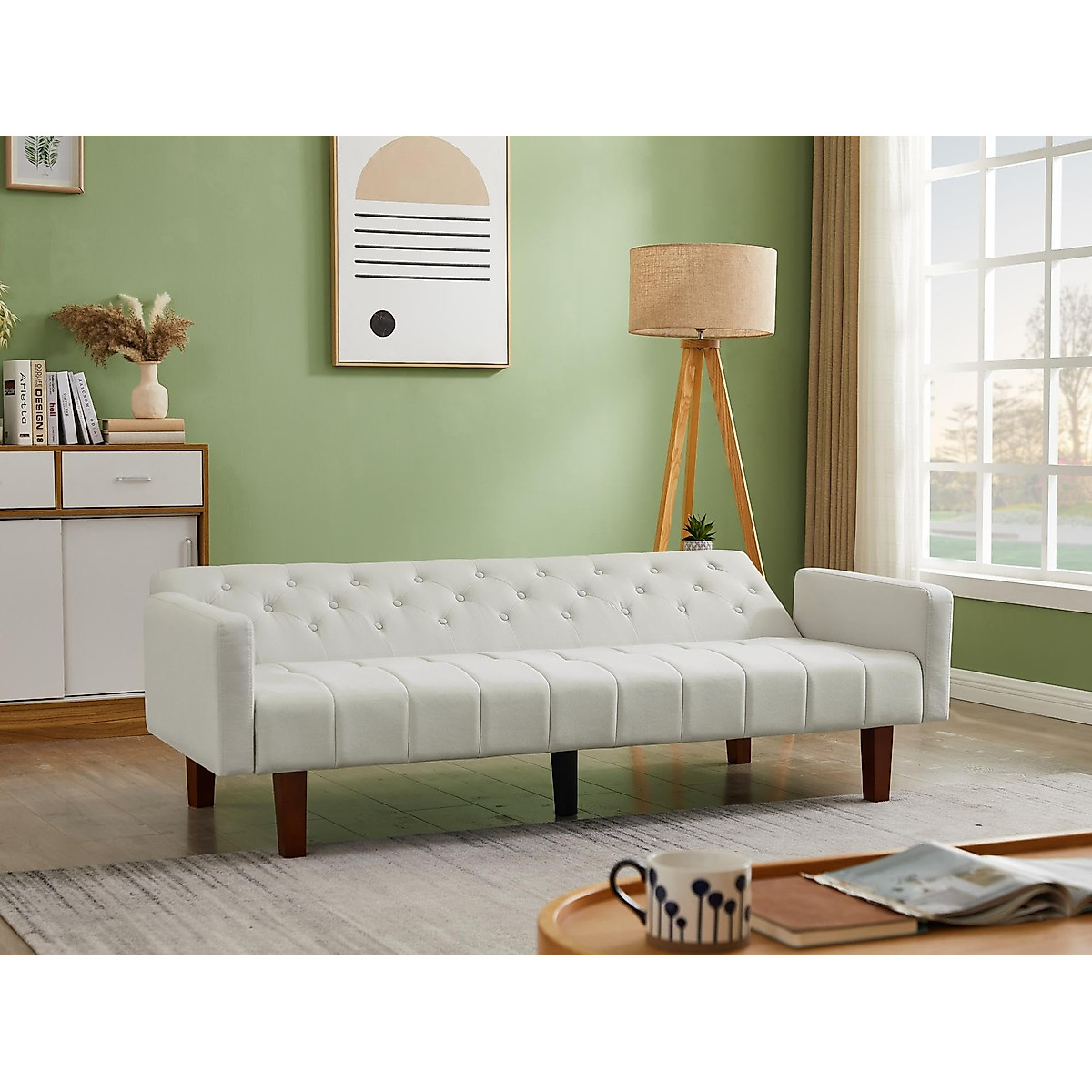 Linen Sofa Bed Sleeper Couch 74.4 Inch Convertible Loveseat Size for Small Space 3 Seater Chesterfield Button Tufted for Office Apartment Dorm Living Room Beige