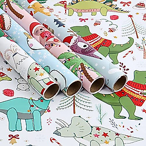 AUCLAY Christmas Wrapping Paper Rolls for Kids Holiday Gift Wrap - Cute Styles Included Dinosaur, Snowman, Santa Animals, Alpaca and Sloth - Pack of 4, 23.6 Inch X 8 Feet per Roll