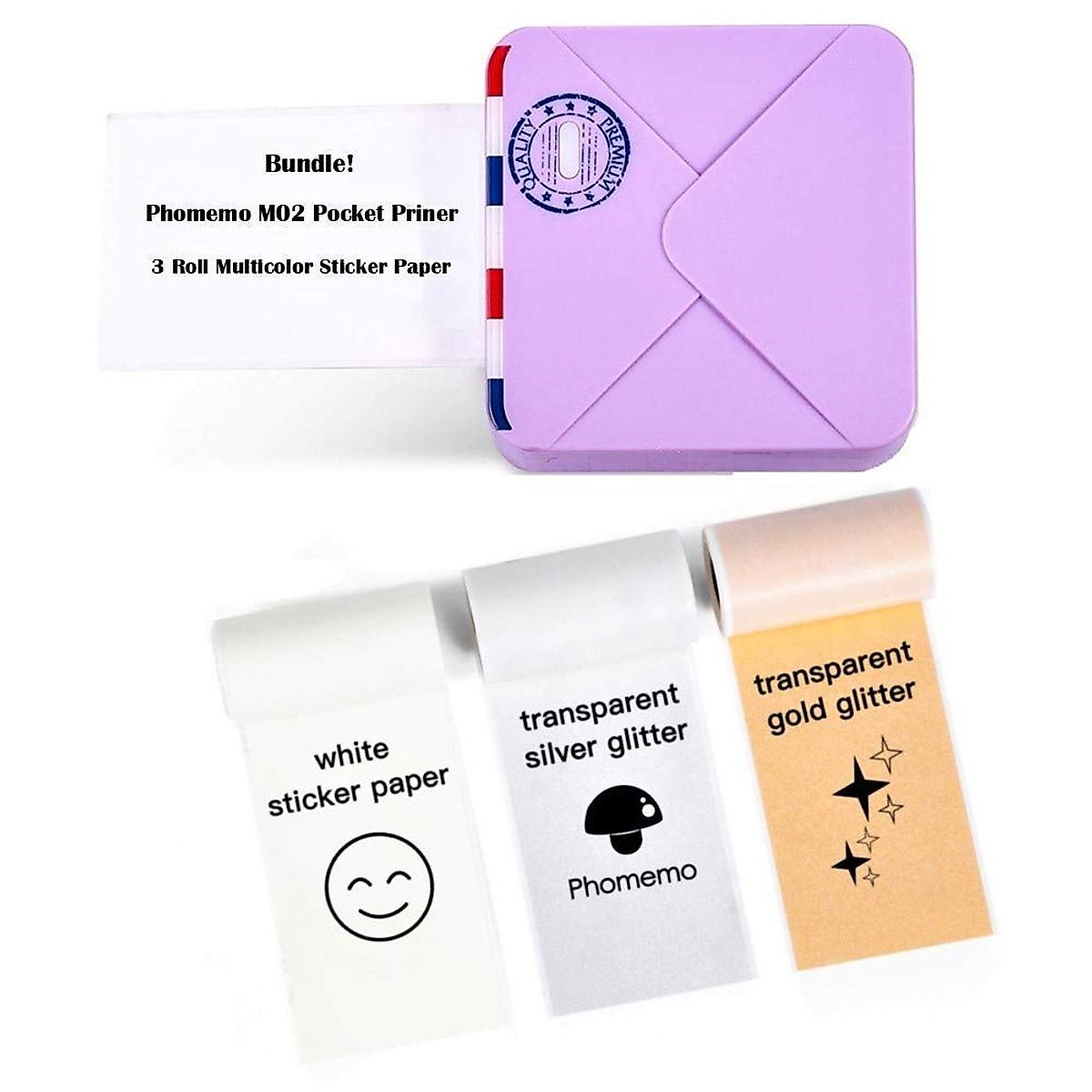 Phomemo M02s Mini Bluetooth Thermal Pocket Printer (Purple) with 3 Rolls Adhesive White/Gold/Silver Glitter Sticker Paper, Compatible with iOS + Android for Plan Journal, Study Notes, DIY, Work, Gift
