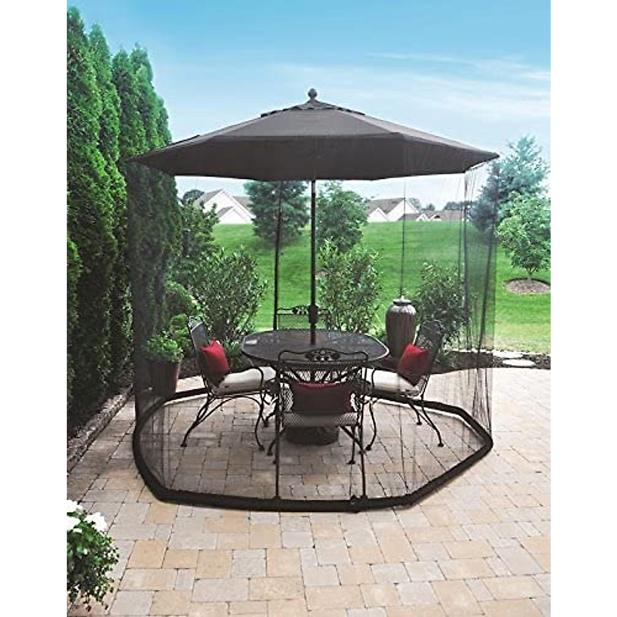 HomeRoots 9' Patio Umbrella Outdoor Table Bug Screen Mesh Black Mosquito Net Canopy Curtains Adjustable Enclosure Large Umbrella Hanging Tent 100% Polyester Light Weight Mosquito Netting
