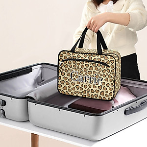 Vnurnrn Leopard Heart Personalized Large Travel Toiletry Bag for women Makeup Organizer Bag with Hanging Hook Shower Bag for Traveling Electric Shaver Brush