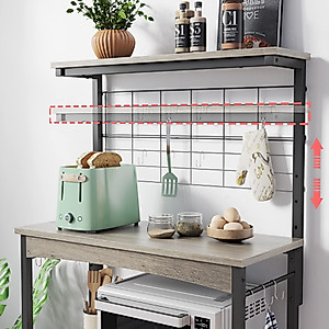 Bestier Microwave Stand with Storage Cabinet, Height-Adjustable Bakers Racks for Kitchen with Wheels & Feet, Industrial Rolling Coffee Bar Shelf with 10 S-Hooks Grey Wash