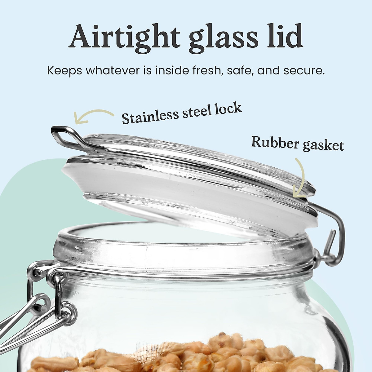 Set of 3 Glass Mason Jar 64 Ounces with Airtight Lid Large Jars With Stainless Steel Bail And Trigger Clamps