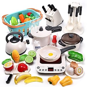 CUTE STONE Pretend Play Kitchen Toy with Cookware Steam Pressure Pot and Electronic Induction Cooktop, Cooking Utensils, Toy Cutlery, Cut Play Food, Shopping Basket Learning Gift for Girls Boys