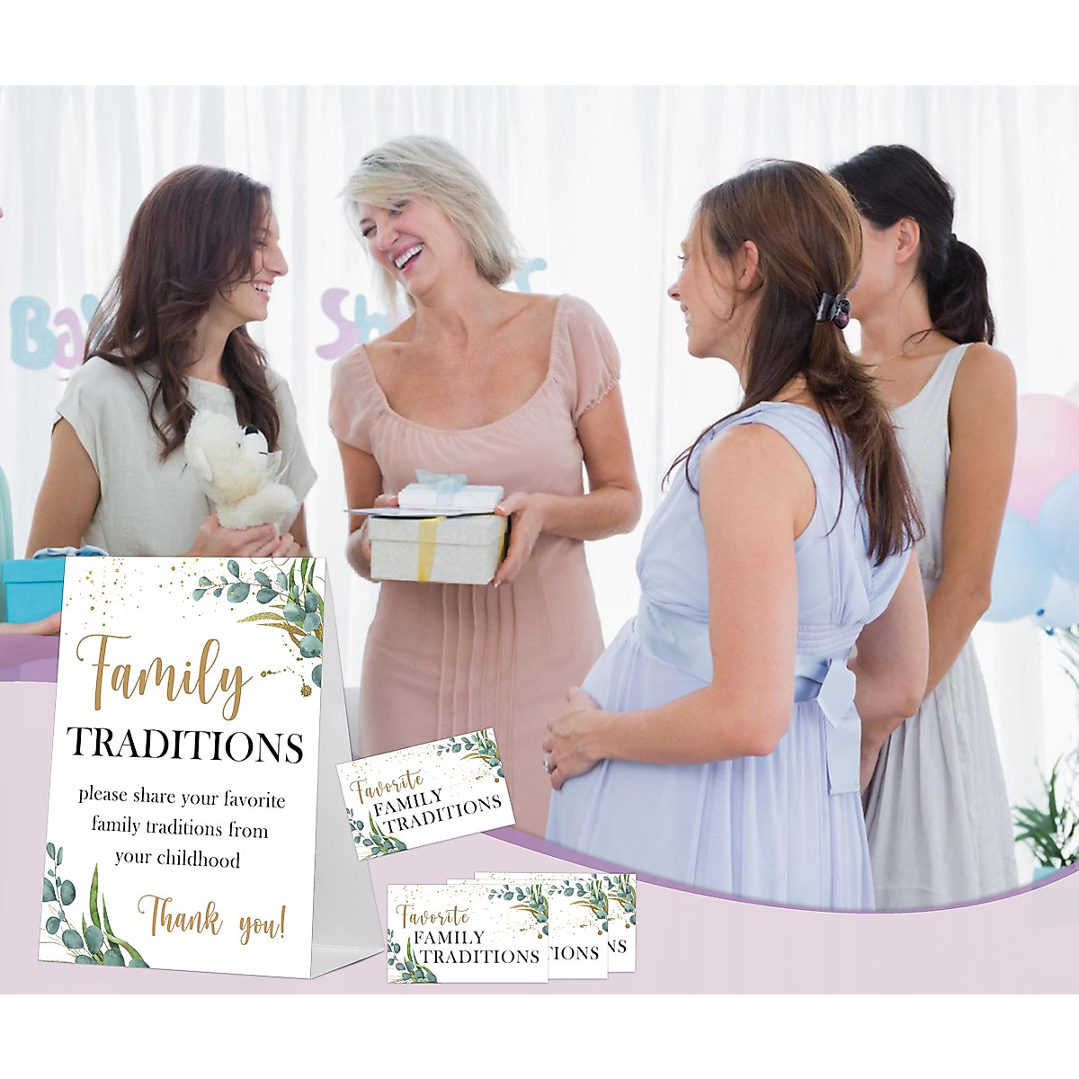 Baby Shower Games Family Traditions Sign, 1 Standing Sign and 50 Cards, Woodland Greenery Gender Neutral Decoration, Gender Reveal Party, Bridal Shower Favor Supplies-LT38