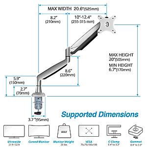 AVLT Single 13"-34" Monitor Arm Desk Mount fits One Flat/Curved/Ultrawide Monitor Full Motion Height Swivel Tilt Rotation Adjustable Monitor Arm - VESA/C-Clamp/Grommet/Cable Management