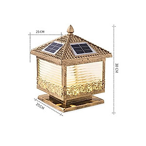 LED Outdoor Solar Post Light Square European Retro Waterproof Column Lights Square Remote Control 3-Color Dimming Pillar Lantern Acrylic Striped Lamp Shade Bronze Doorway Pole Light