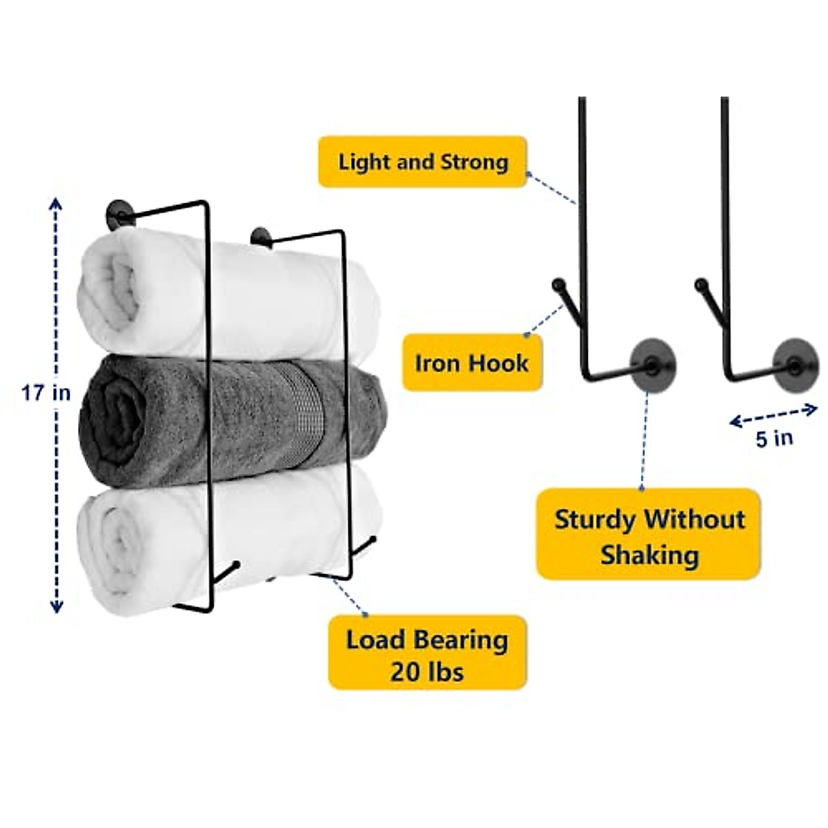 2 Set Towel Rack Holder, Wall Mounted Metal Towel Shelf with Hooks，3 Set Hanging Wire Baskets,Wall Mount Fruit Basket,No Drilling