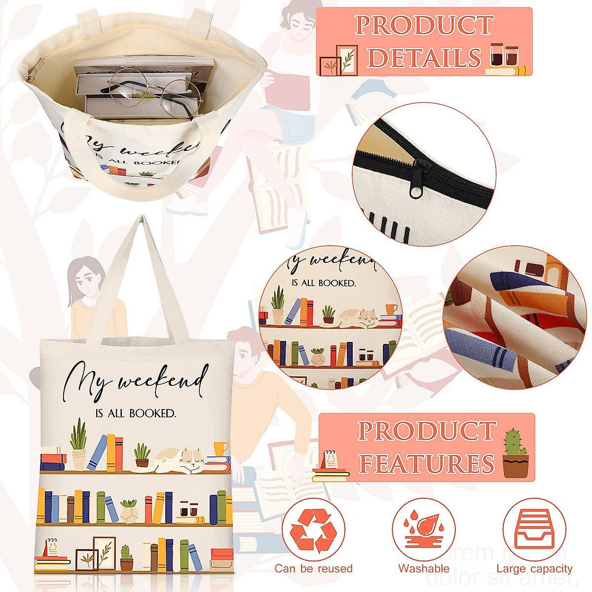 Sieral 2 Pcs Book Lovers Gifts Bookshelf Tote Bag Makeup Reading Canvas Bag Reusable Book Tote Bag Cosmetic Pencil Cases School Bag Gift with Metal Zipper Bookish Librarian Gifts for Women Teacher