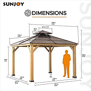 Sunjoy 11' X 11' Cedar Framed Wood Gazebo with Brown Double Steel Hardtop Roof Permanent Canopy for Garden, Backyard Shade, 11 x 11 ft-Chapman