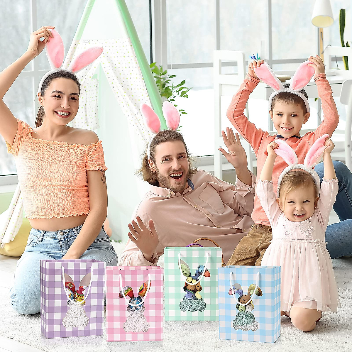 12 Pcs Easter Gift Bags with Handle Rabbit Shape Paper Bags with Window 9x7x4" Bunny Easter Treat Bags Buffalo Plaid Green Blue Purple Pink Goodie Bags Candy Bag for Kids Easter Party Gift Wrapping