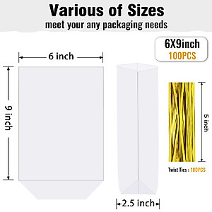 ZIMCEMS 100Pcs 6X9 inch Bottom Gusset Bags Clear Cellophane Gift Bags Plastic Gift Wrap Cello Bags for Party Favor Treats, Goodie,Bakery Cookie, Candy with 5" Twist Ties